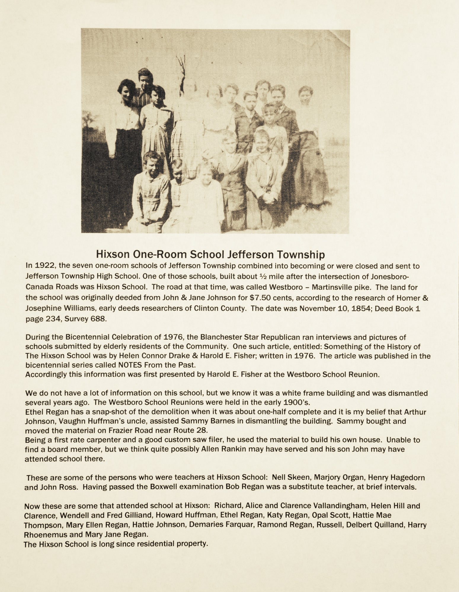 Hixson School. Jefferson Township. – Blanchester Area Historical Society