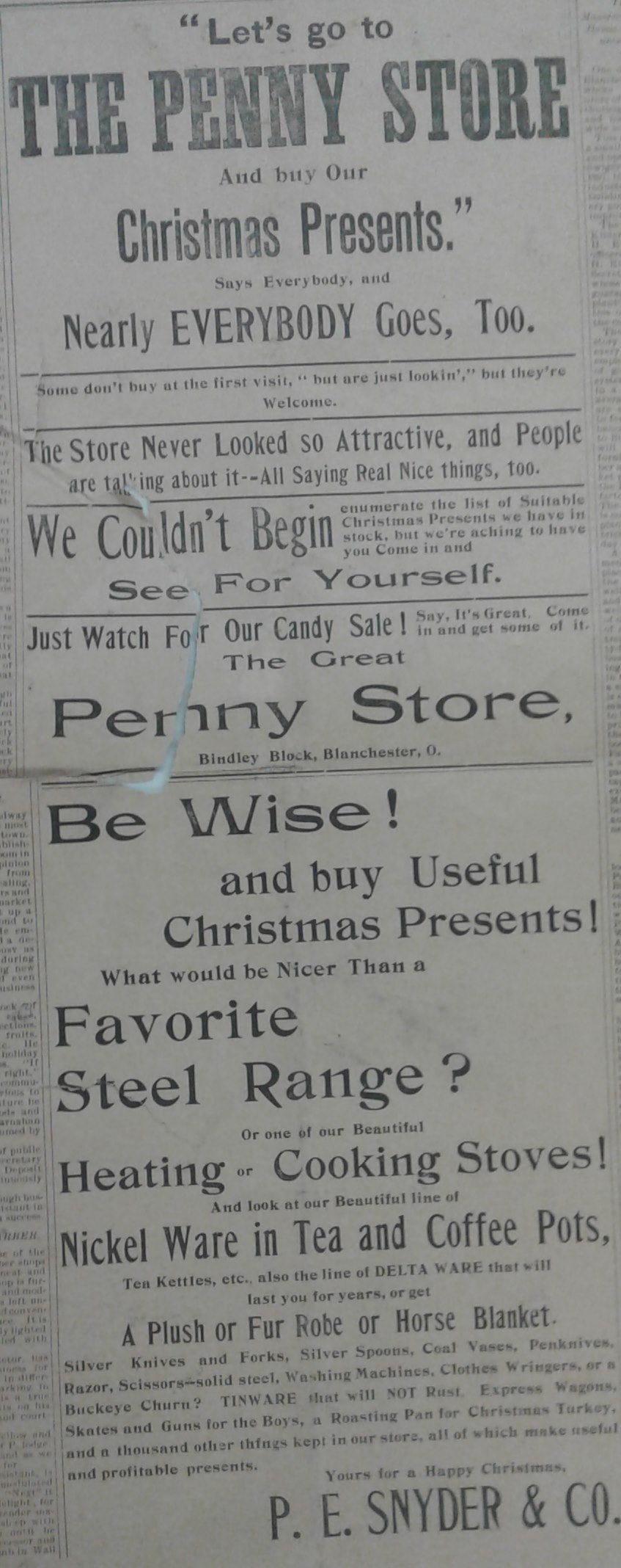 1897. P.E. Snyder Christmas ad. – Blanchester Area Historical Society