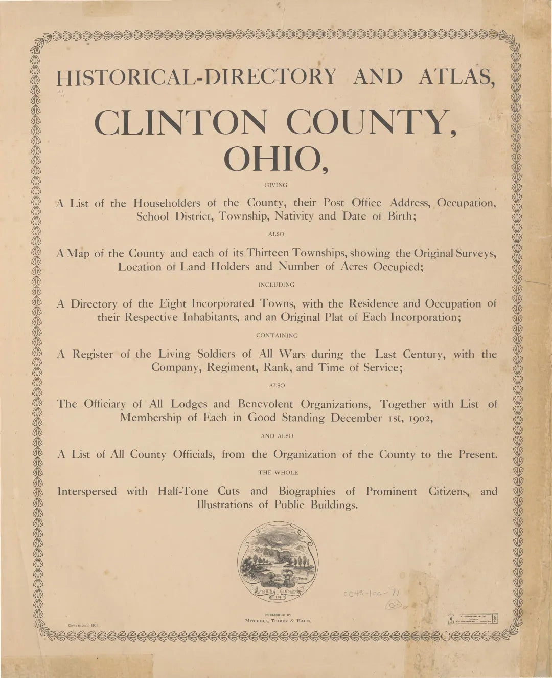 1903. Historical-Directory and Atlas of Clinton County. – Blanchester ...