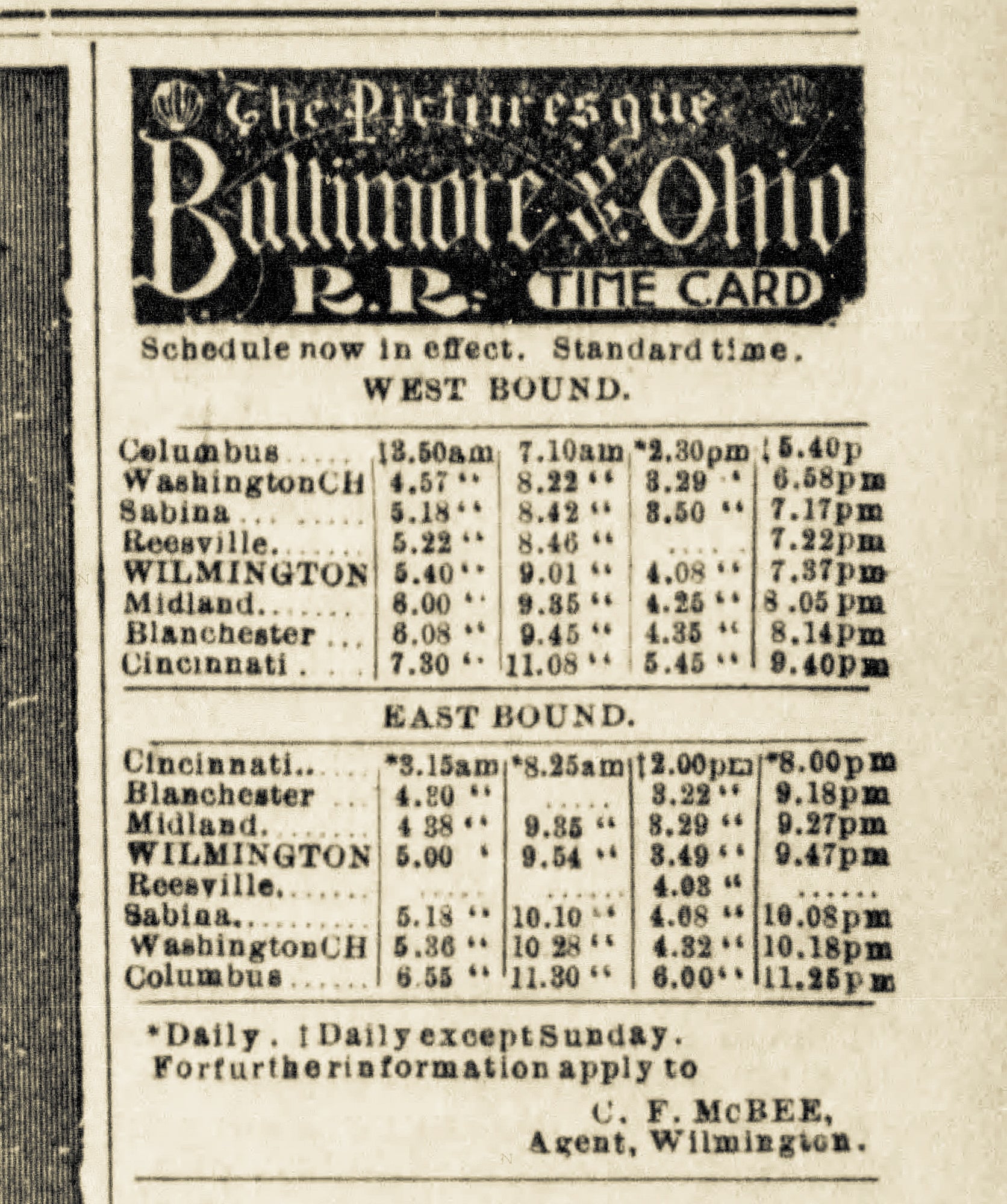 1904. B&O Railroad time card. – Blanchester Area Historical Society