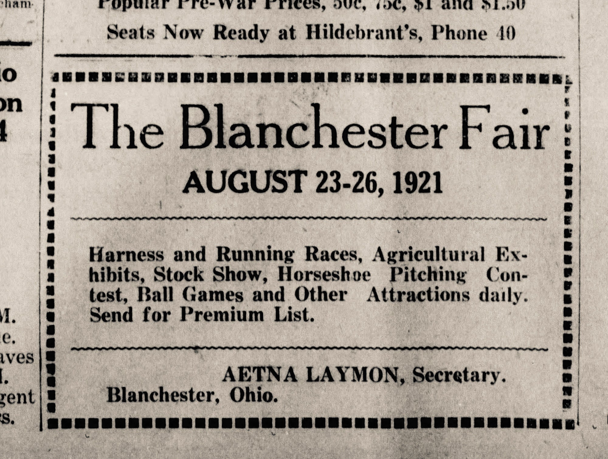 1921. Clinton County Fair ad. – Blanchester Area Historical Society