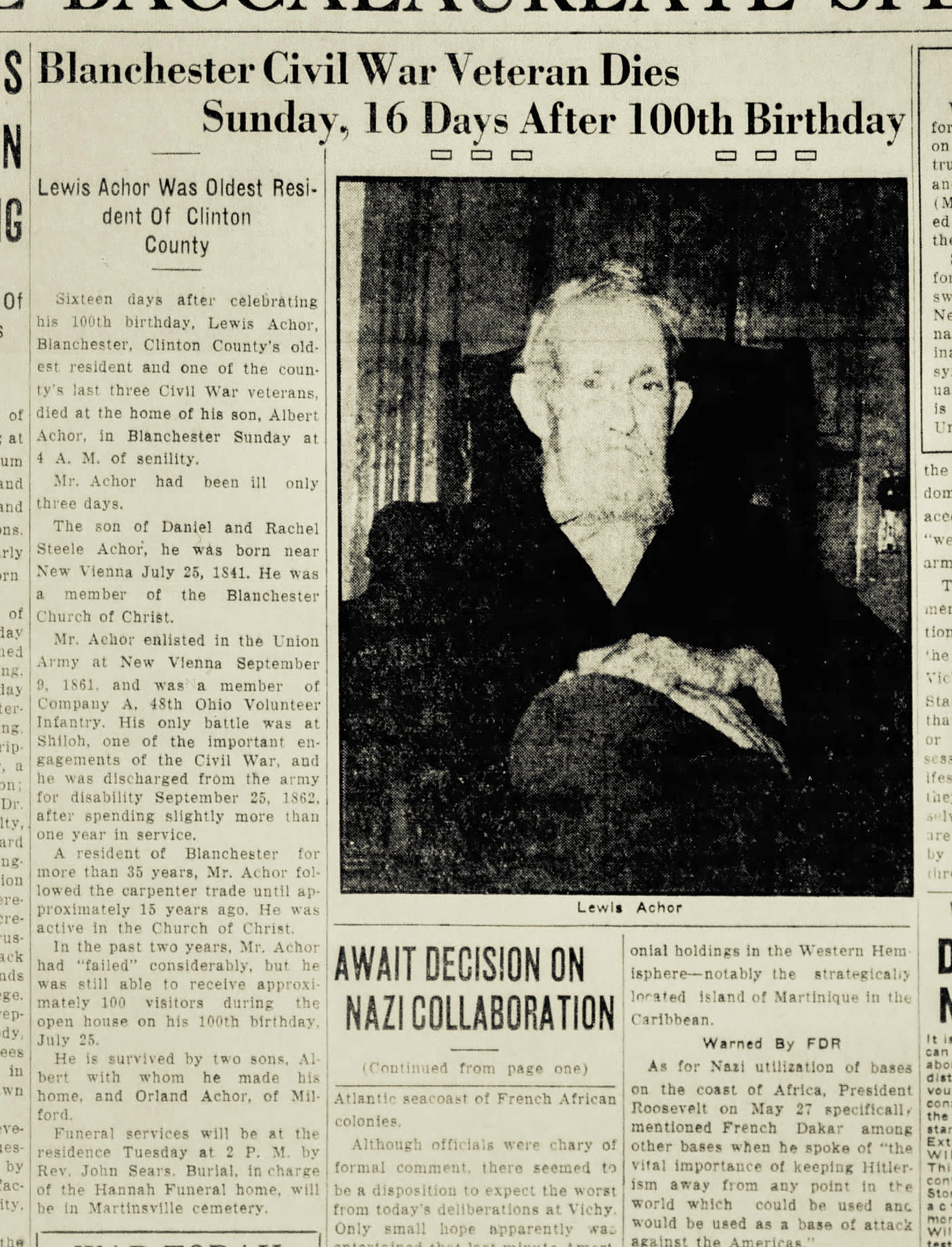 1941. Civil War veteran Lewis Achor dies at 100. – Blanchester Area ...