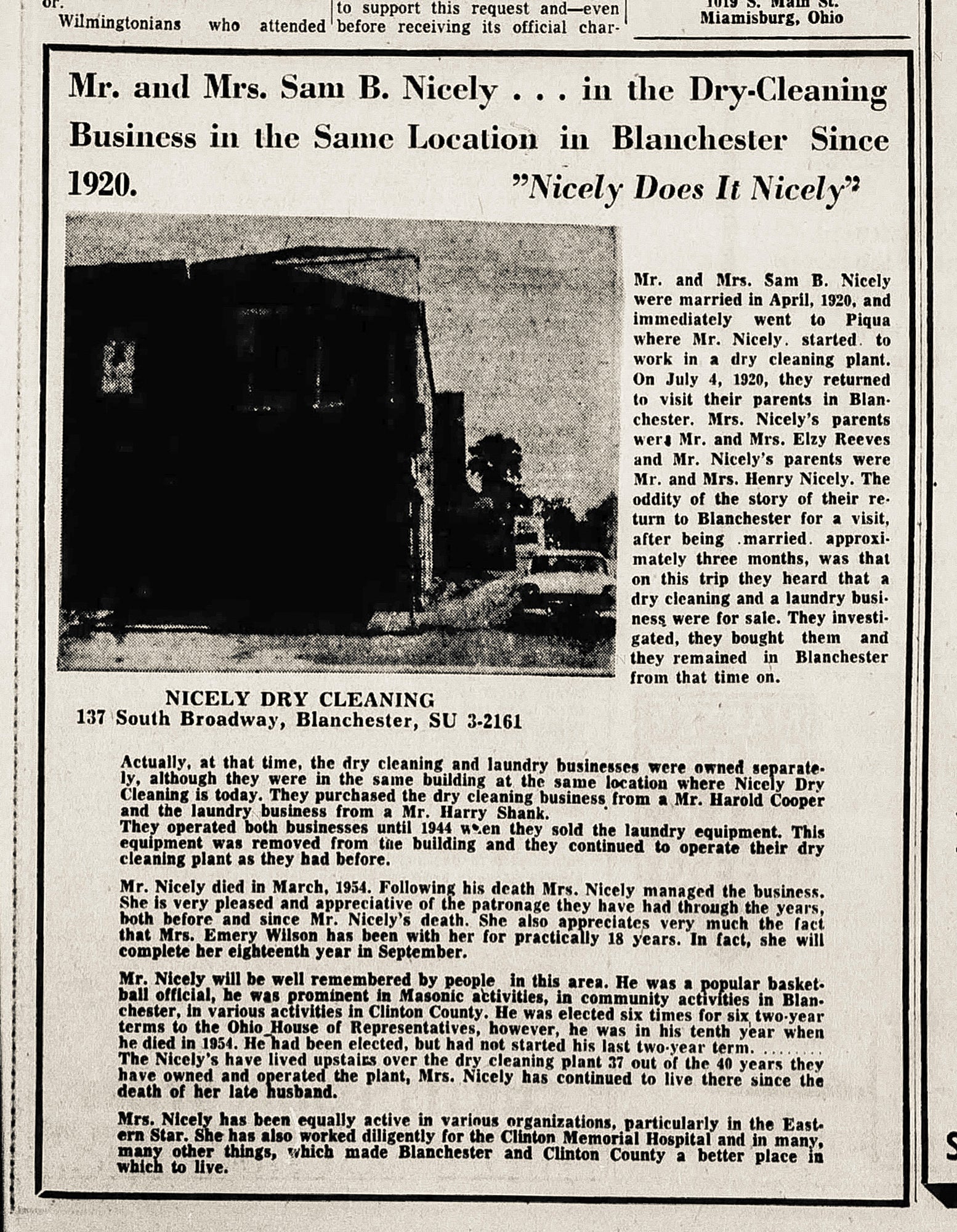Nicely Laundry & Dry Cleaners History. – Blanchester Area Historical ...