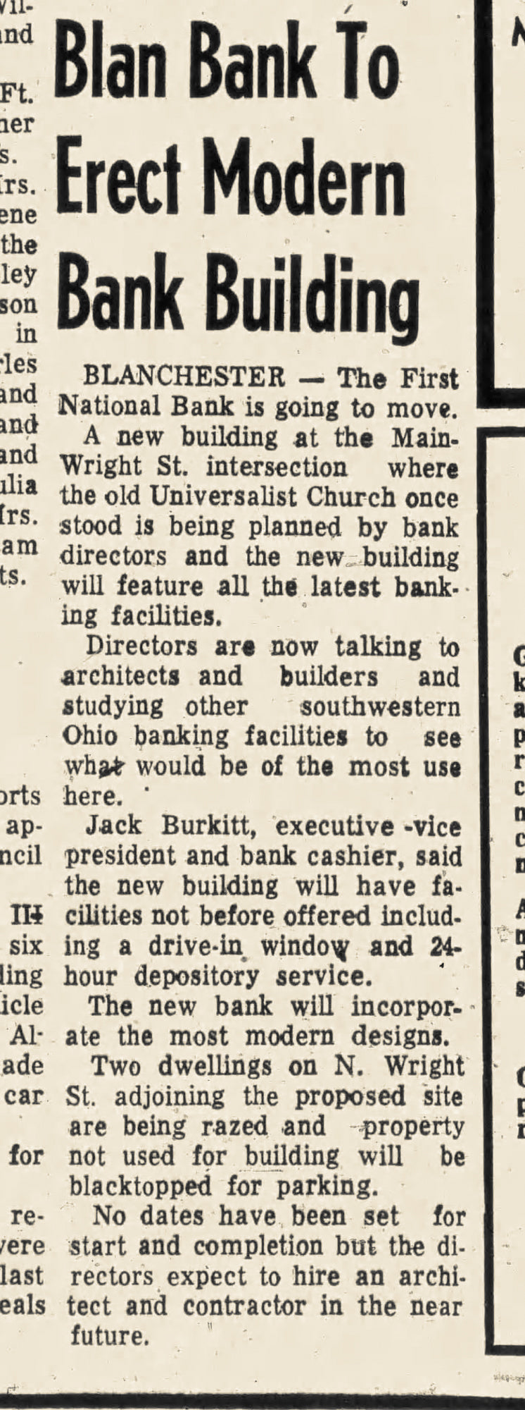 1967. First National Bank of Blanchester Makes Plans For New Building ...