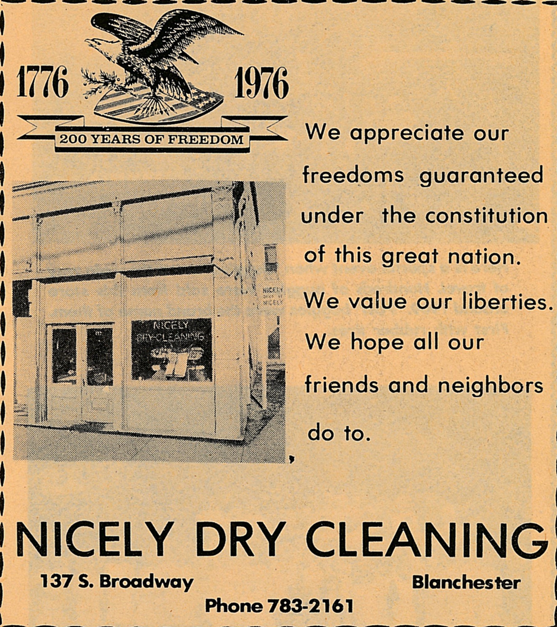 1976. Nicely Dry Cleaning Ad – Blanchester Area Historical Society