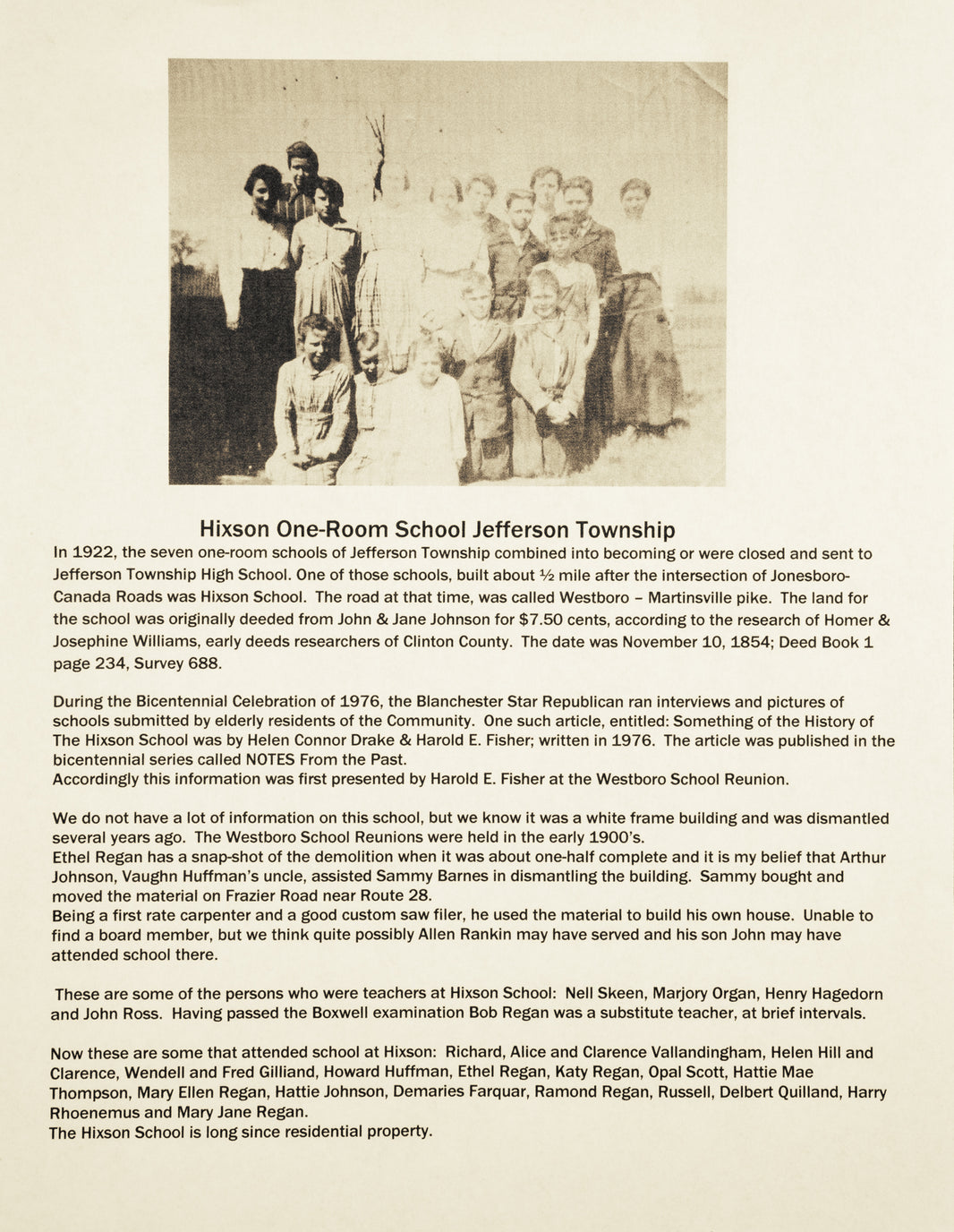 Hixson School. Jefferson Township. – Blanchester Area Historical Society