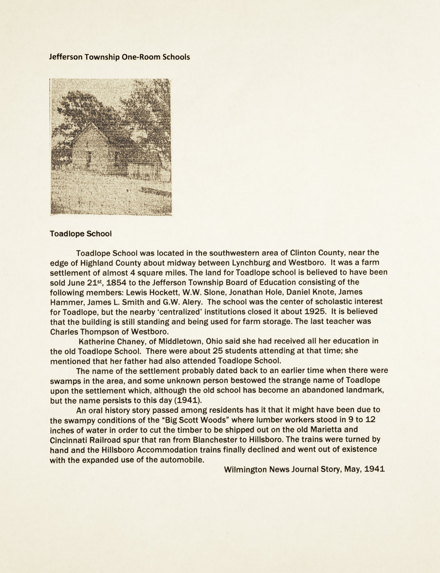 Toad Lope School Notes. – Blanchester Area Historical Society